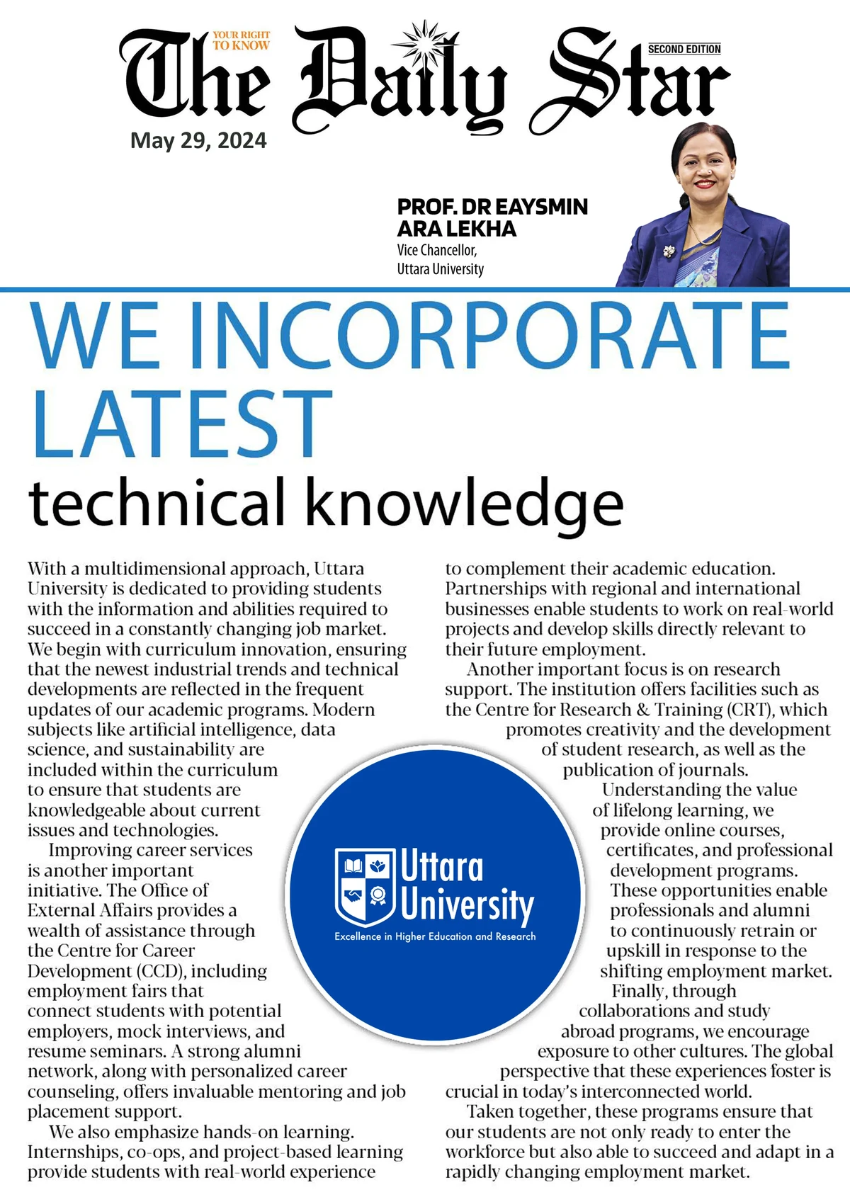 We incorporate latest technical knowledge - Prof. Dr. Eaysmin Ara Lekha